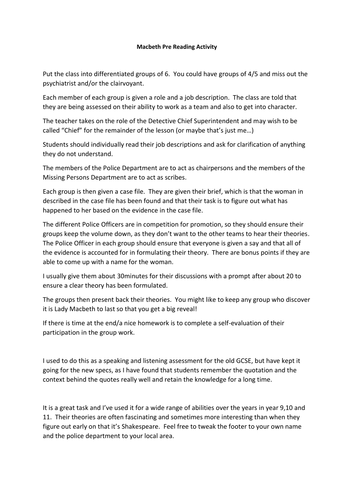 Macbeth Pre-reading Lesson | Teaching Resources