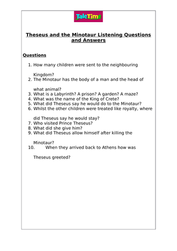 Listening Story + Comprehension Questions: Theseus and the Minotaur ...