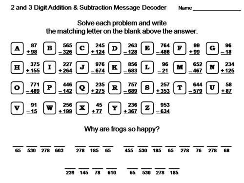 2 and 3 Digit Addition and Subtraction Activity: Math Message Decoder | Teaching Resources