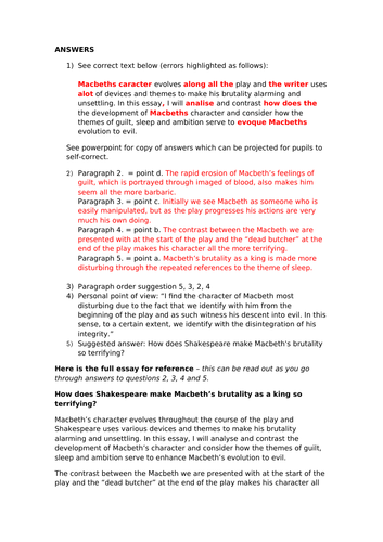 Macbeth essay example activity | Teaching Resources