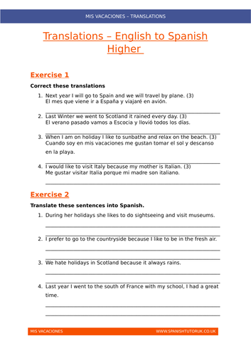 GCSE Las Vacaciones - Translations English to Spanish | Teaching Resources