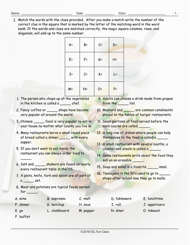 Restaurant Things-Activities Magic Square Worksheet | Teaching Resources