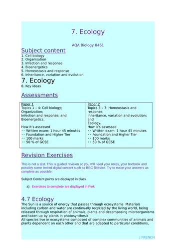 Revision booklet for AQA GCSE Biology 8461 Topic 7 - Ecology ...