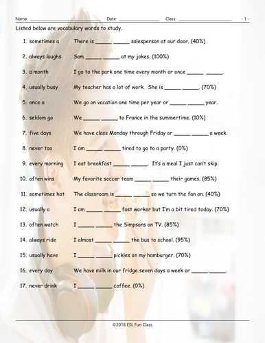 Frequency Adverbs-Time Expressions Study Worksheet | Teaching Resources