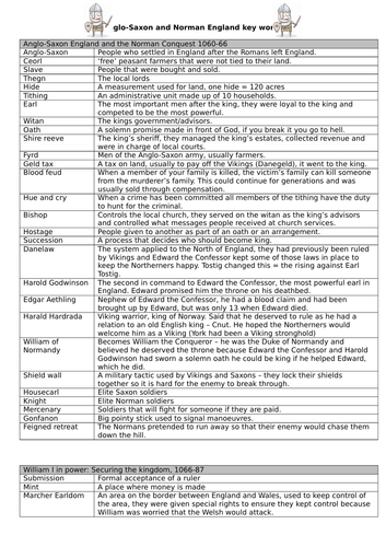 Anglo-Saxon and Norman England key words (Edexcel 9-1) | Teaching Resources