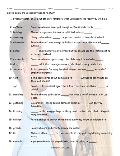 Bad Habits-Addictions Study Worksheet | Teaching Resources