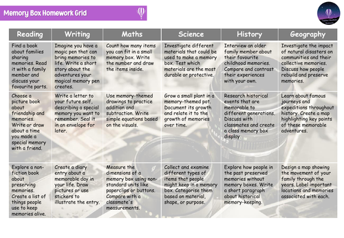 Memory Box Homework Pack - 51 Tasks, Parent Letter, Book ...