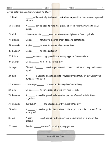 House Repairs, Tools-Supplies Study Worksheet | Teaching Resources