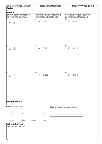 Converting Recurring Decimals to Fractions Homework with Answers ...
