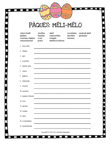 Pâques religious theme scrambled words - French scrambled words for ...