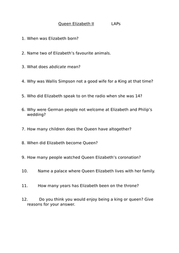 Queen Elizabeth II comprehension text 2 levels and 3-level ...