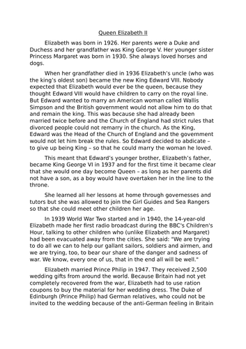 Queen Elizabeth II comprehension text 2 levels and 3-level ...