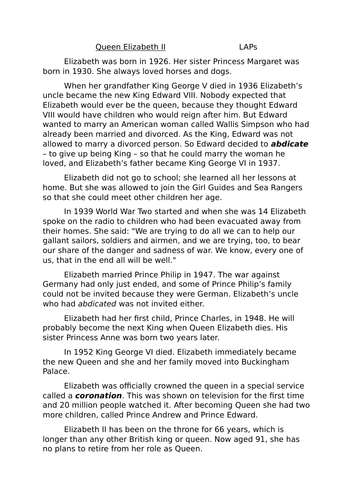 Queen Elizabeth II comprehension text 2 levels and 3-level ...