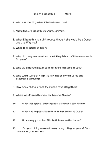 Queen Elizabeth II comprehension text 2 levels and 3-level ...