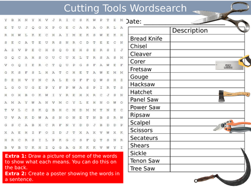 Cutting Tools Wordsearch Sheet Design Technology Starter Activity ...
