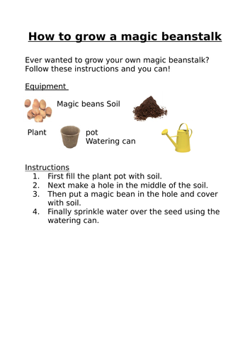 Year 1 Instructions - how to grow a magic beanstalk | Teaching Resources