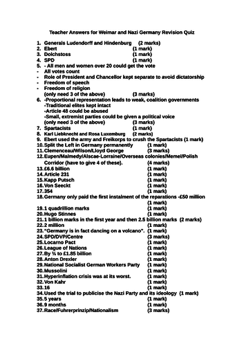 Revision Quiz PowerPoint for Edexcel 9-1-Weimar and Nazi Germany with ...