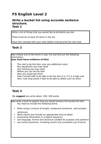 Functional Skills English - Bucket list | Teaching Resources