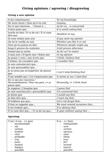 French A Level - phrases to give opinions, agree and disagree ...