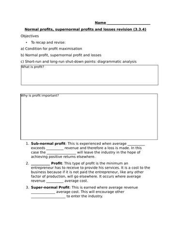 Normal profits, supernormal profits and losses | Teaching Resources