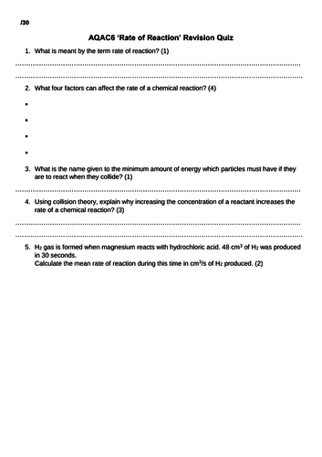 AQA 2016 Rates of Reaction Revision Questions (30 marks) | Teaching ...