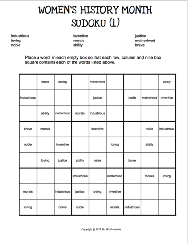 Women's history month sudoku puzzles | Teaching Resources