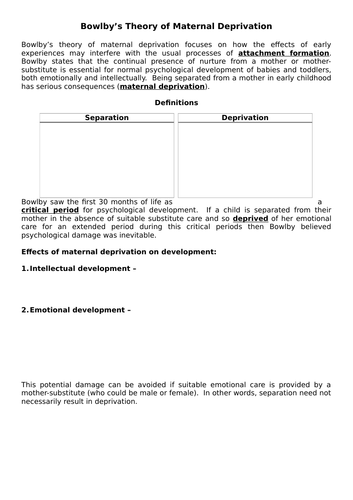 AQA A Level Psych - Attachment (Bowlby's theory of maternal deprivation ...