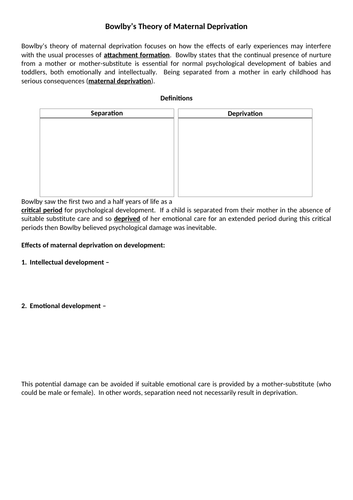 AQA A Level Psych - Attachment (Bowlby's theory of maternal deprivation ...