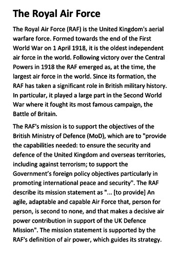 The Royal Air Force at 100 Handout | Teaching Resources