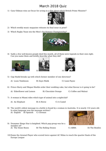 March 2018 General Knowledge News Current Affairs Quiz | Teaching Resources