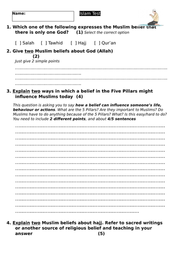 Islam Beliefs Test & Mark Criteria (learning GCSE skills/part of KS3 ...