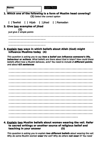Islam Beliefs Test & Mark Criteria (learning GCSE skills/part of KS3 ...