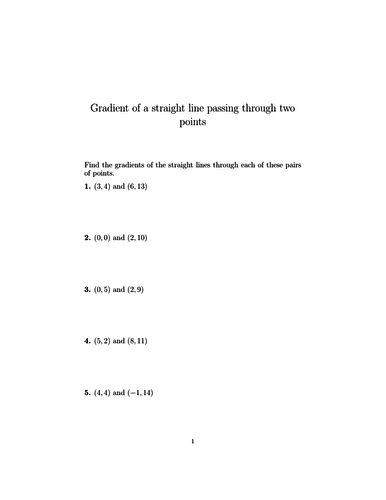 Gradient of a straight line passing through two points worksheet (with ...