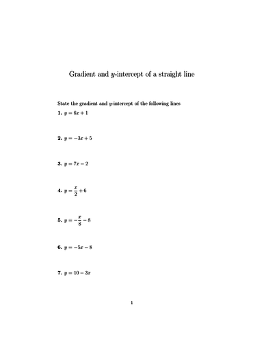 Gradient and y-intercept of a straight line worksheet (with solutions ...