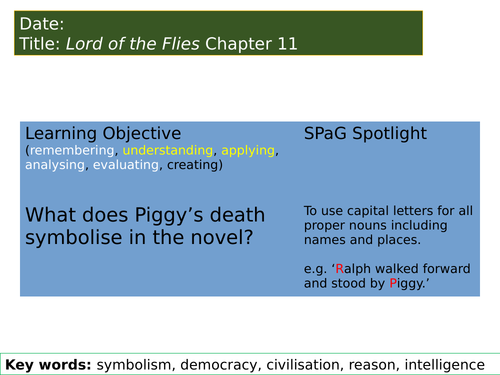 LORD OF THE FLIES Chapter 11 (Piggy's death) | Teaching Resources