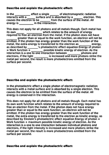 OCR Physics A H156 Quantum Physics CLOZE Tasks | Teaching Resources