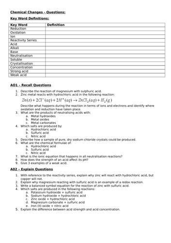 AQA GCSE Combined Science: Trilogy Chemical Changes Questions ...