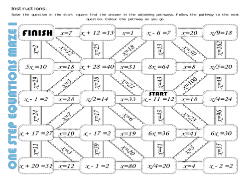 Solving one step equations mazes (positive integers) | Teaching Resources