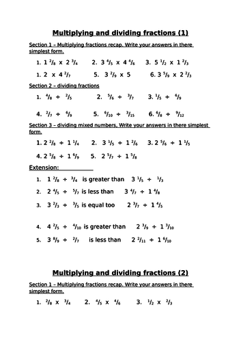 multiplying and dividing fractions | Teaching Resources