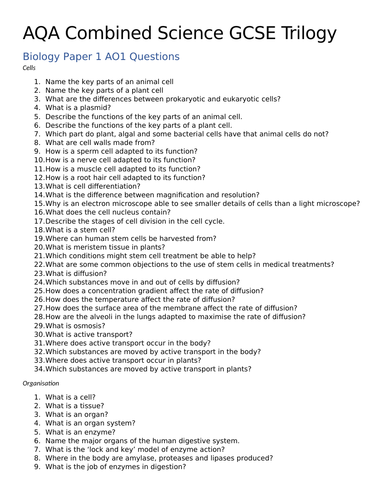 AQA GCSE Combined Science: Trilogy - Biology Papers 1 & 2 Questions | Teaching Resources