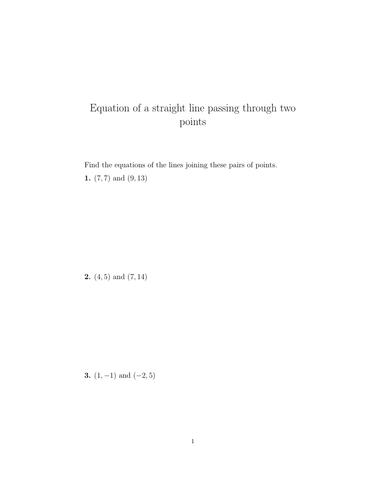 Equation of a straight line passing through two points worksheet (with ...