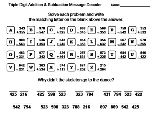 Triple Digit Addition and Subtraction Without Regrouping: Math Message ...