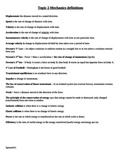 Physics Topic 2 Mechanics | Teaching Resources