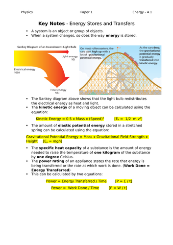 Energy 4.1 Key Notes AQA Physics GCSE | Teaching Resources