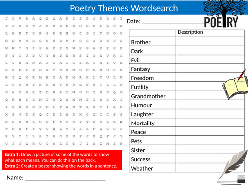 Poetry Themes Wordsearch Sheet English Literature Starter Activity ...