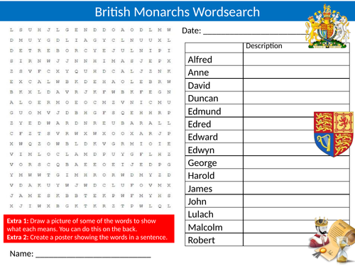 British Monarchs Wordsearch Sheet History Kings & Queens Starter ...