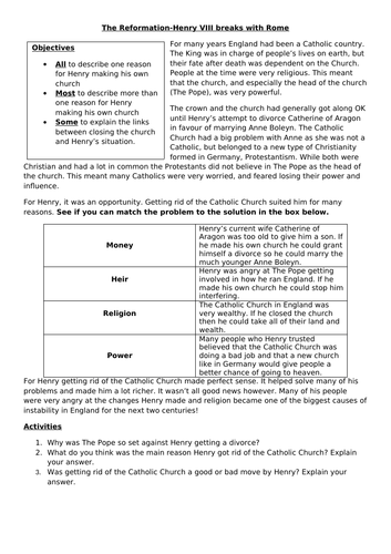 Henry VIII Reformation/Break with Rome worksheet with activities ...