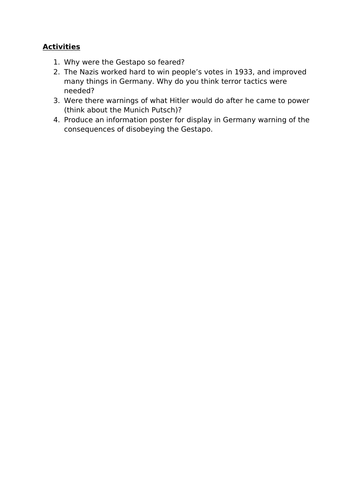 Terror and control in Nazi Germany worksheet and activities | Teaching ...