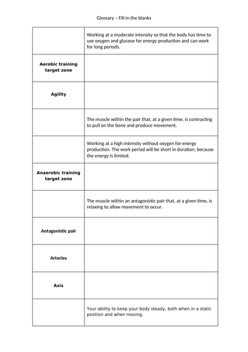 Glossary and Key Words Revision Activity GCSE PE (Edexcel 2016 onwards ...