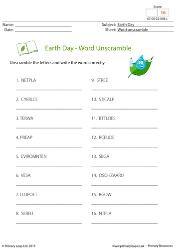 Science Resource: Earth Day - Word Unscramble | Teaching Resources